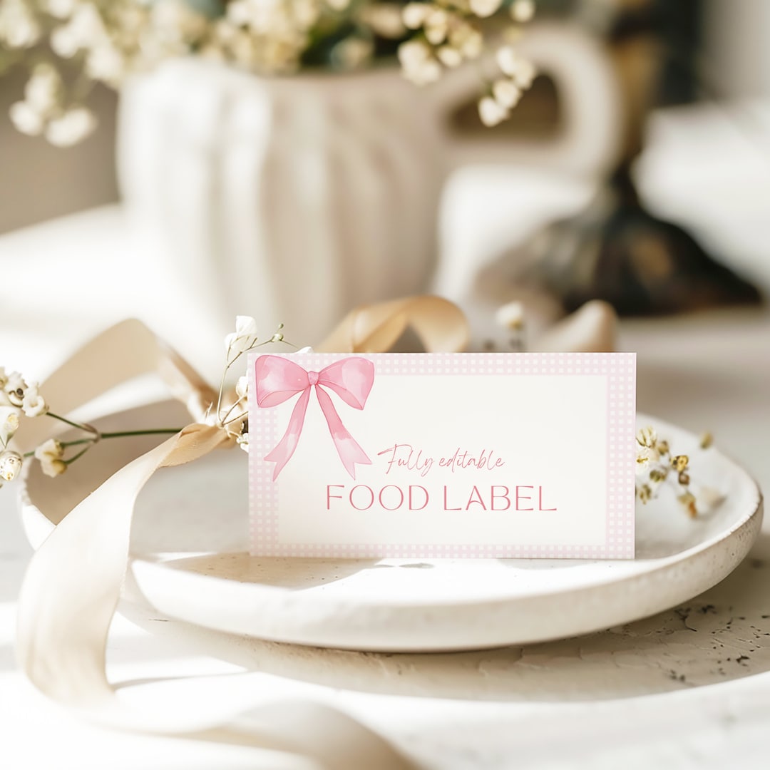 EDITABLE Pink Bow Tent Card Food Labels Baby Shower, Minimalist Baby ...