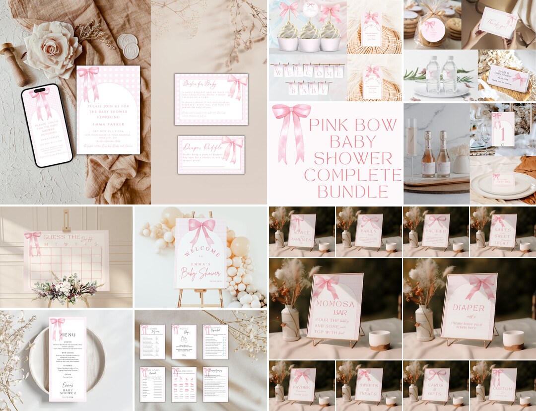Pink Bow Baby Shower Invitation Bundle, Pink Gingham Ribbon Baby Shower ...