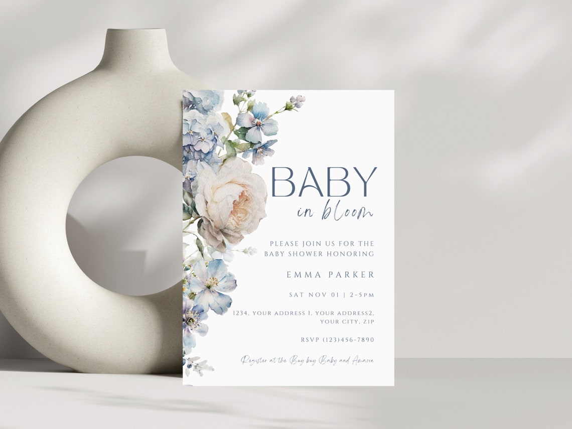 Blue Baby in Bloom Bundle, Dusty Blue Baby Shower Bundle. Blue Floral ...