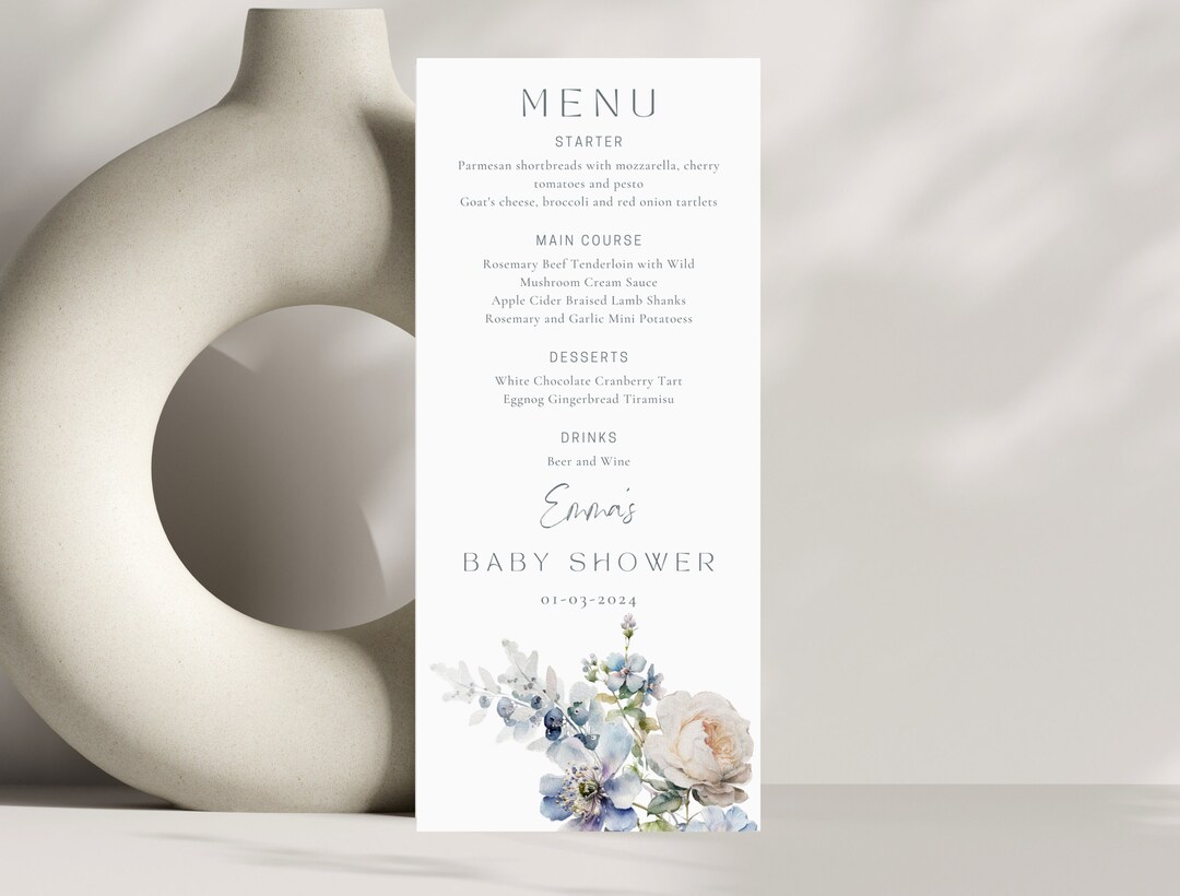 Editable Menu Template, Dusty Blue Shower Menu, Blue Floral Baby Shower ...