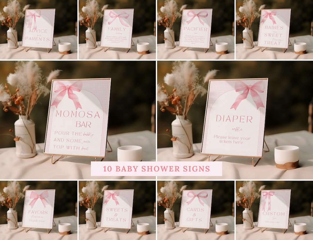 Editable Pink Baby Shower Signs, Pink Bow Watercolor Signs, Pink ...