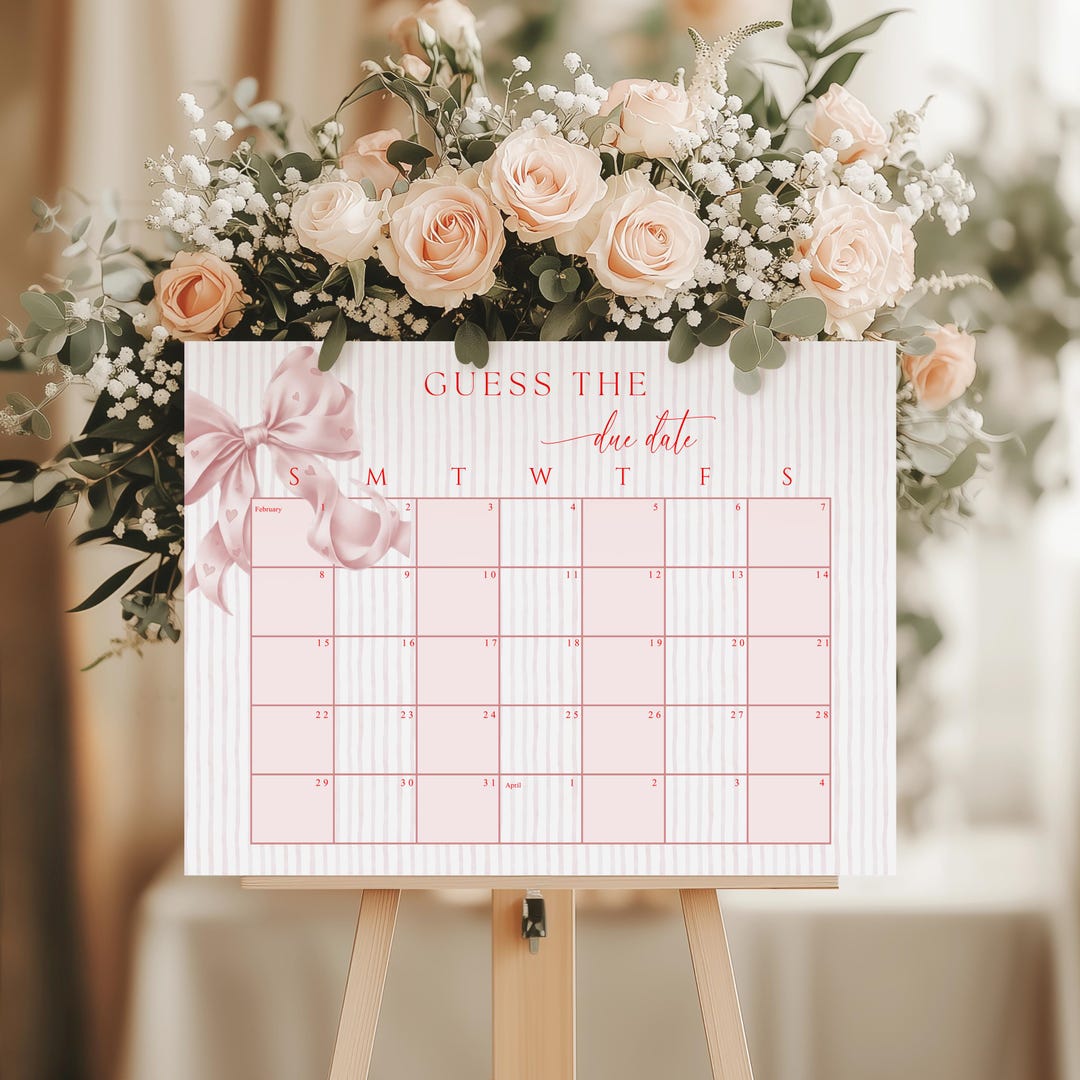 Pink Bow Baby Shower Due Date Calendar, Coquette Due Date Calendar ...