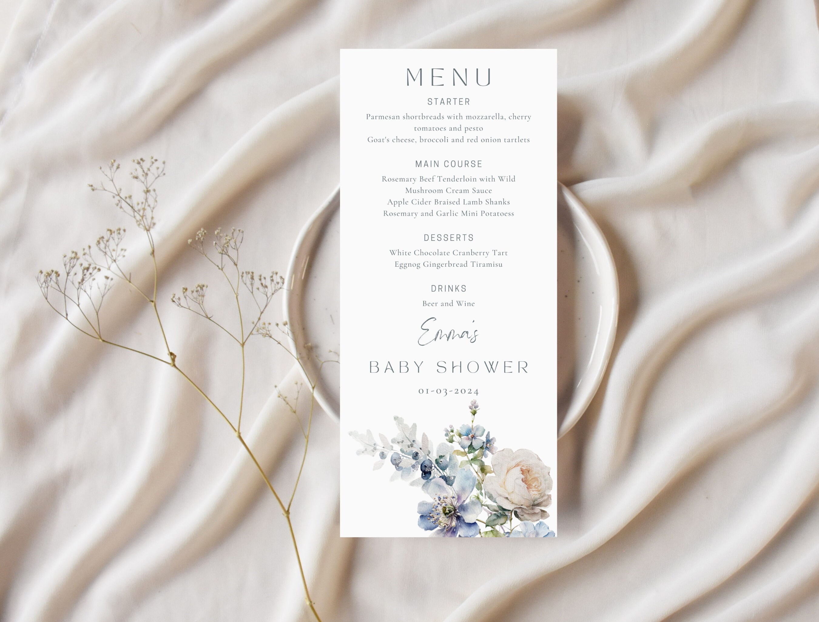 Editable Menu Template, Dusty Blue Shower Menu, Blue Floral Baby Shower ...