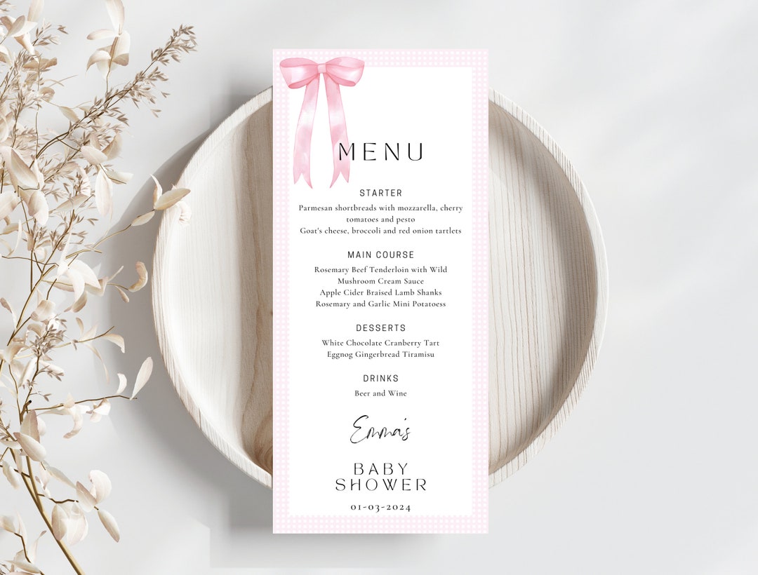 EDITABLE Pink Bow Menu for Baby Shower, Minimalist Baby Shower Pink ...