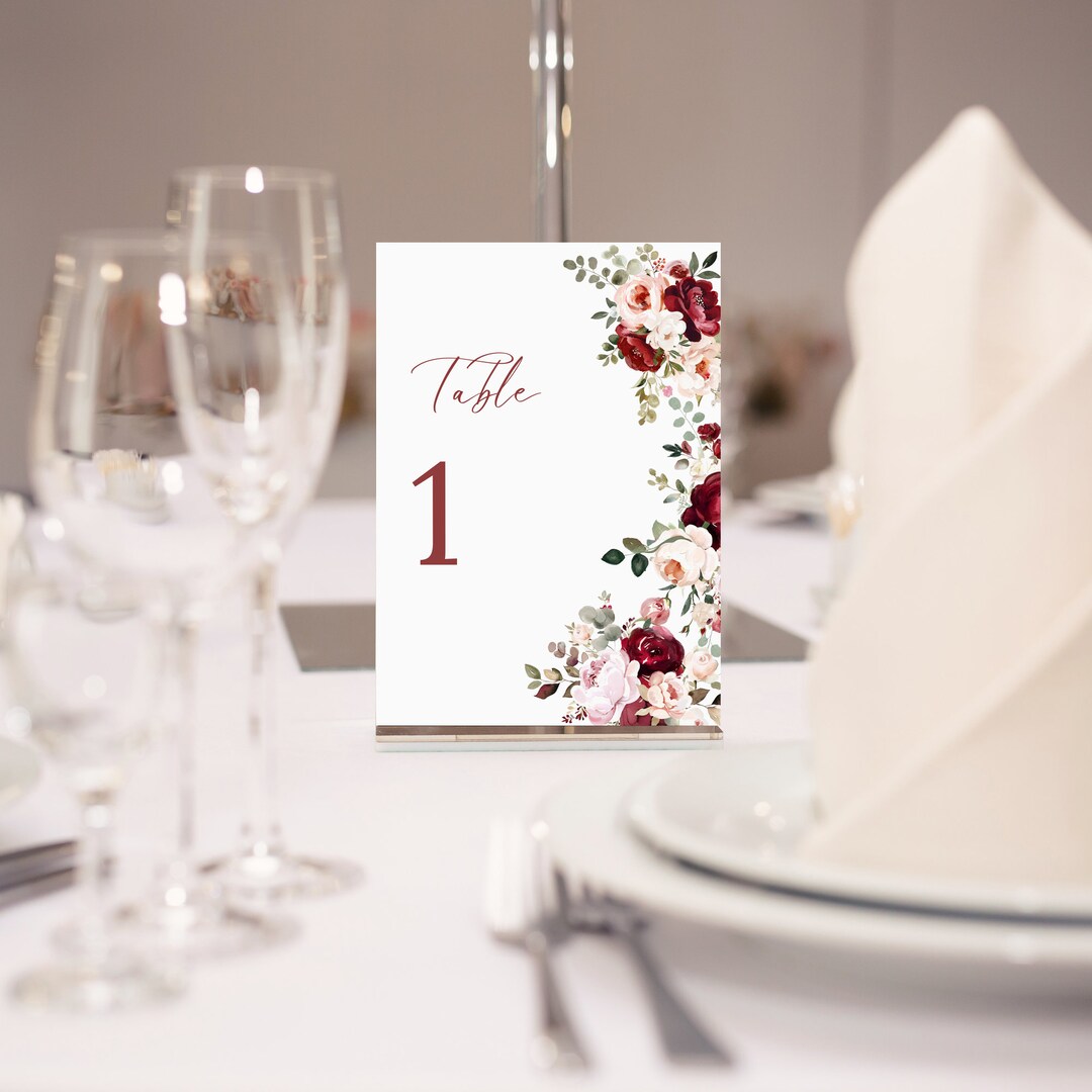 Boho Burgundy Table Number Card Template, Burgundy Rose Wedding Table ...