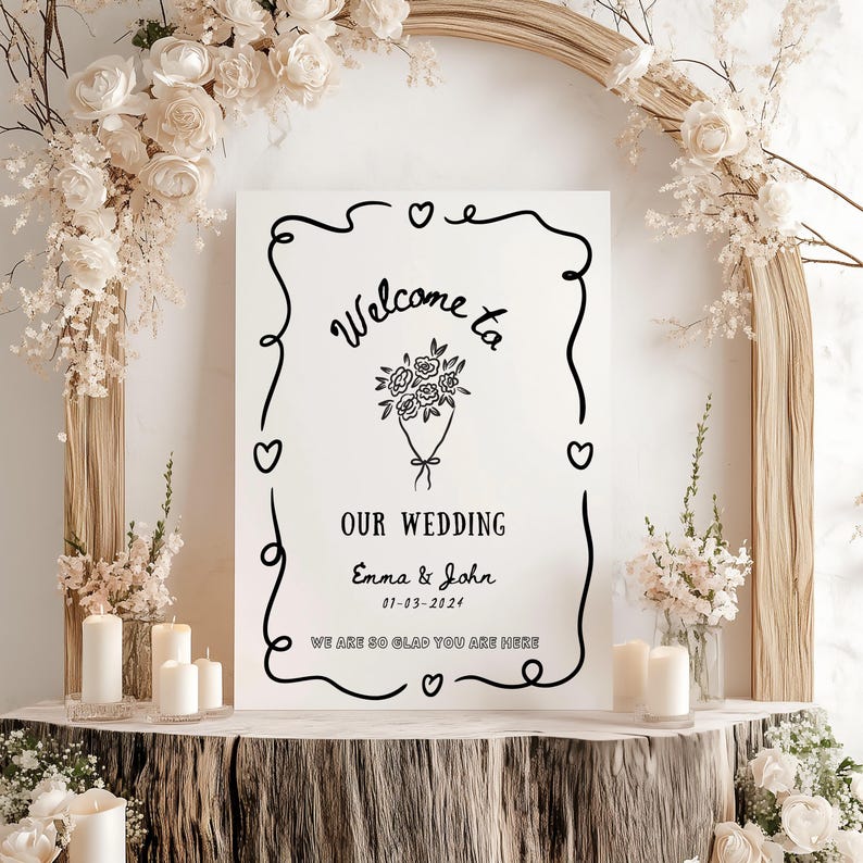 Wedding Welcome Sign, Hand Drawn Wedding Welcome Sign, Whimsical Fun ...