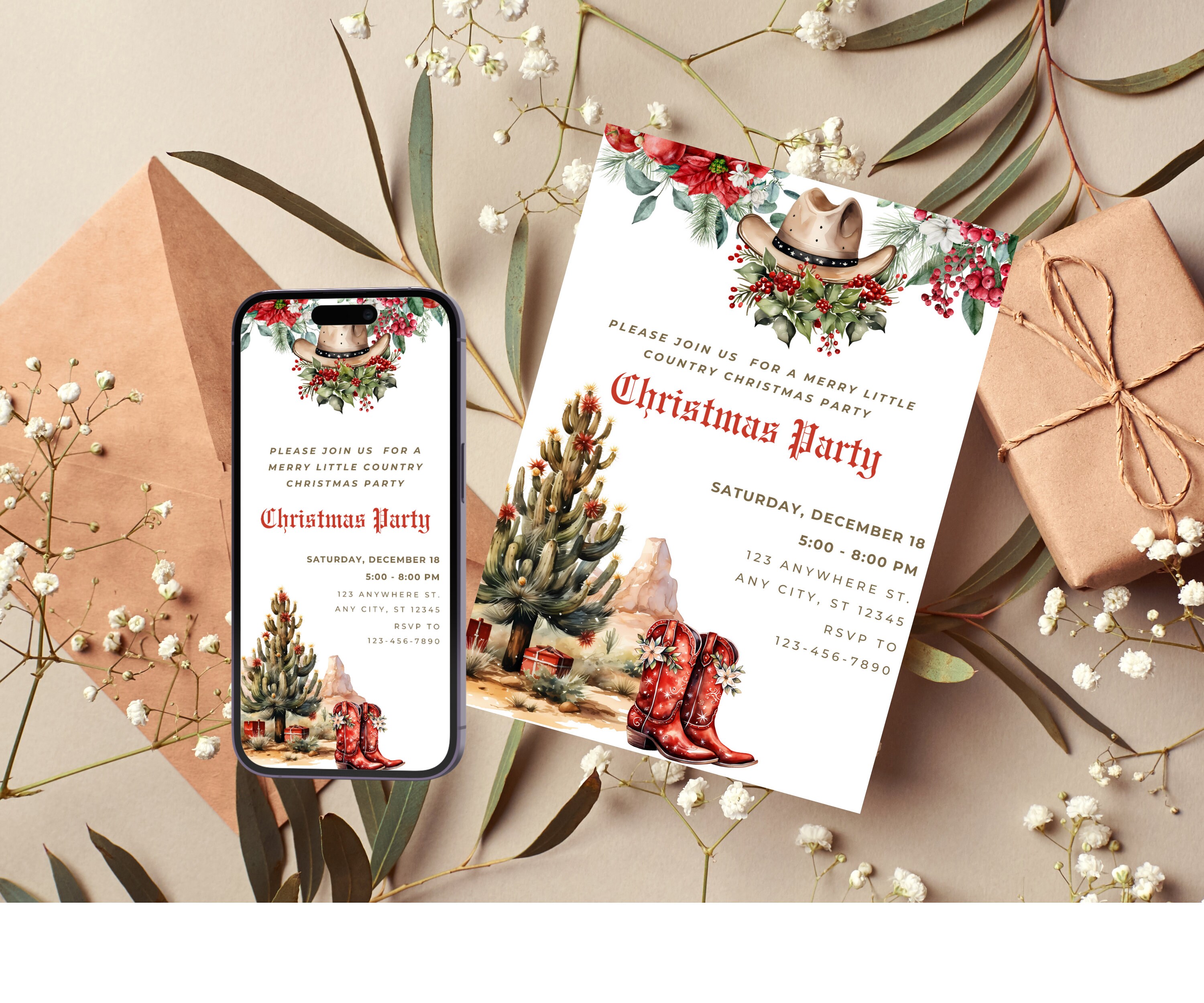 Western Christmas Party Invitation Template, Cowboy Christmas Party ...