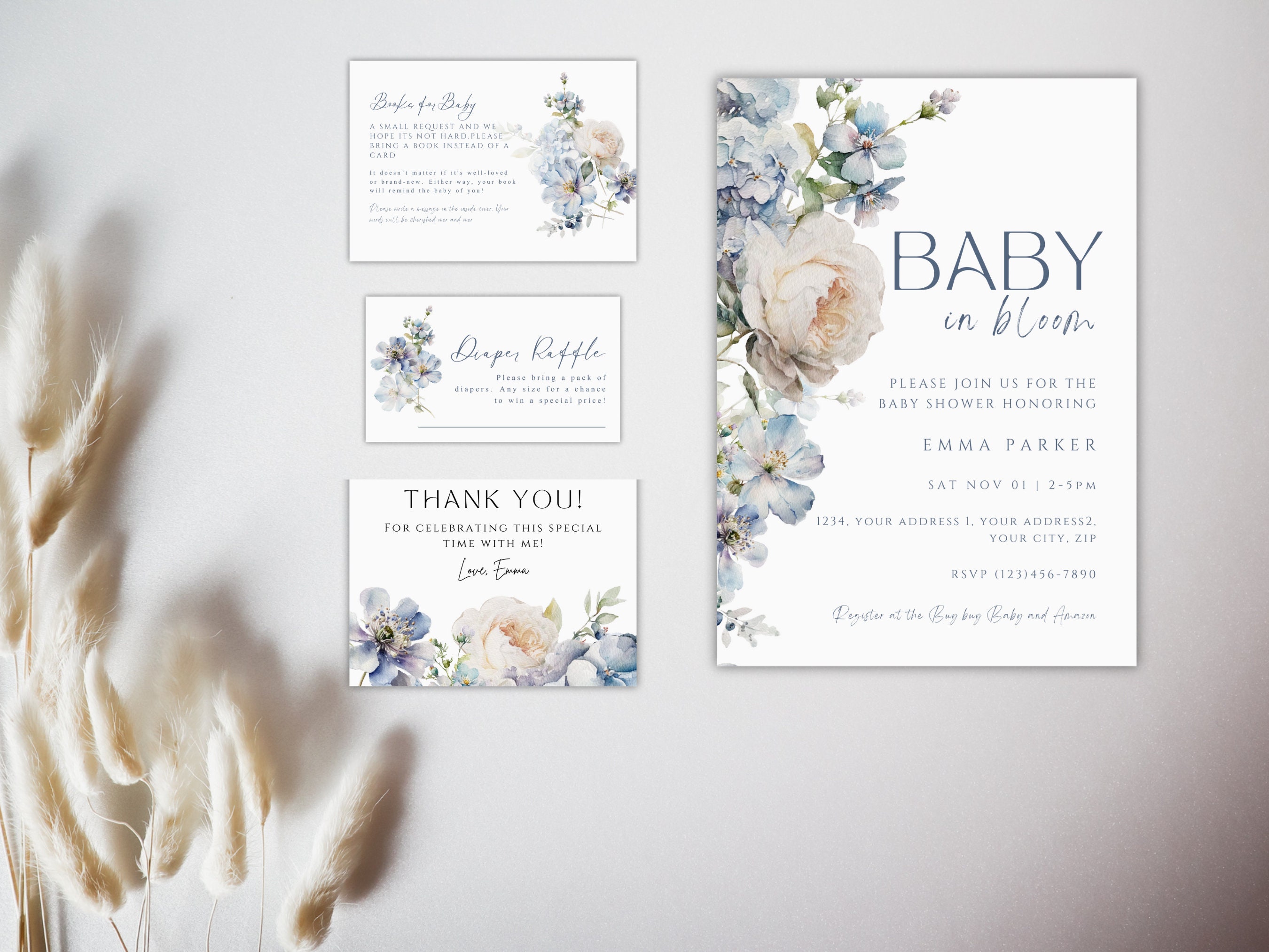 Blue Baby in Bloom Bundle, Dusty Blue Baby Shower Bundle. Blue Floral ...
