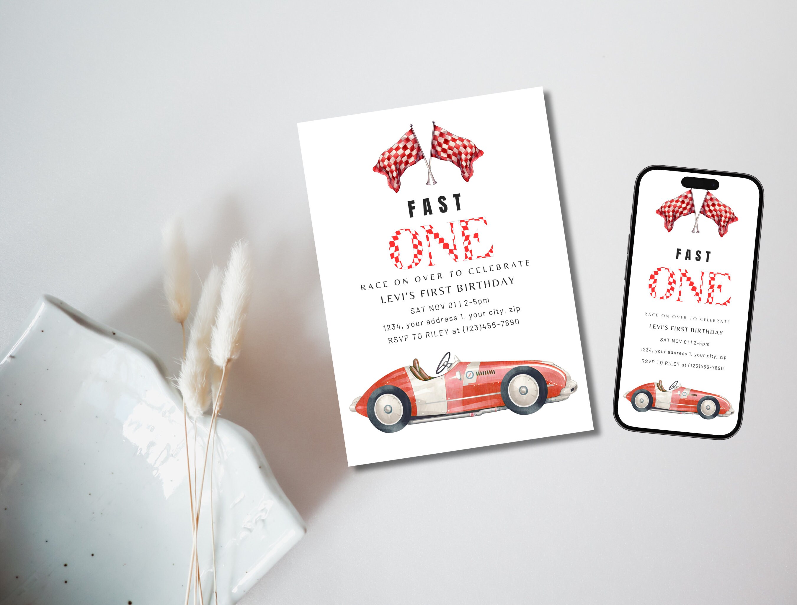 Fast One Birthday Invitation, First Birthday, Retro Race Car First ...