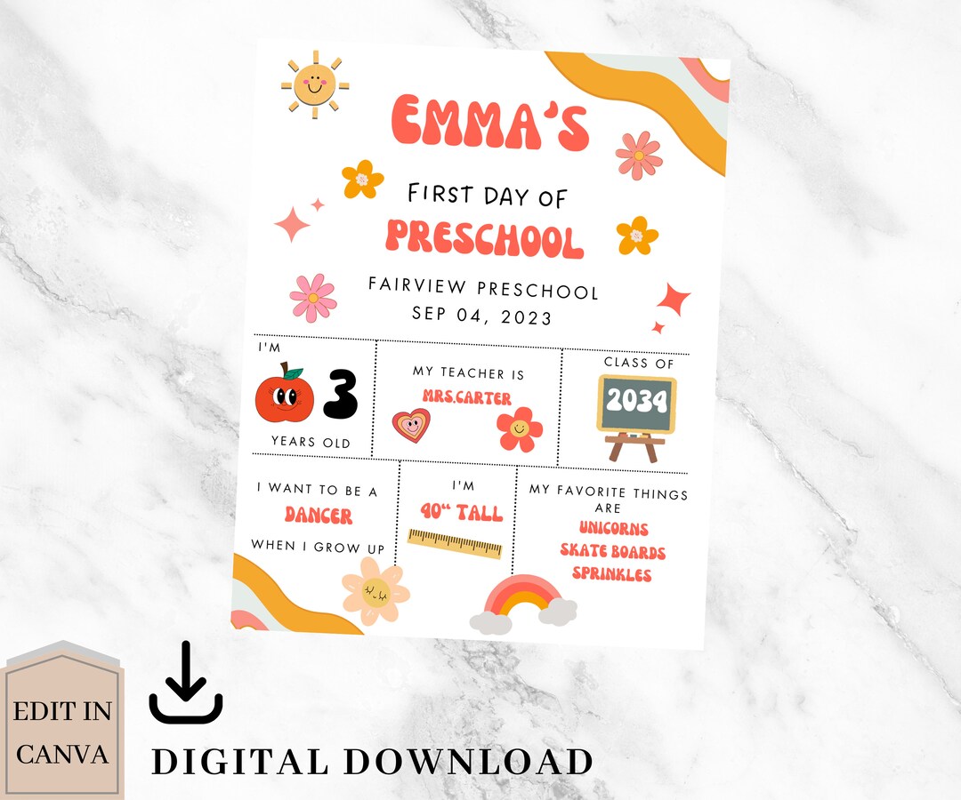 Editable First Day of Pre School Sign, First Day of School Sign ...