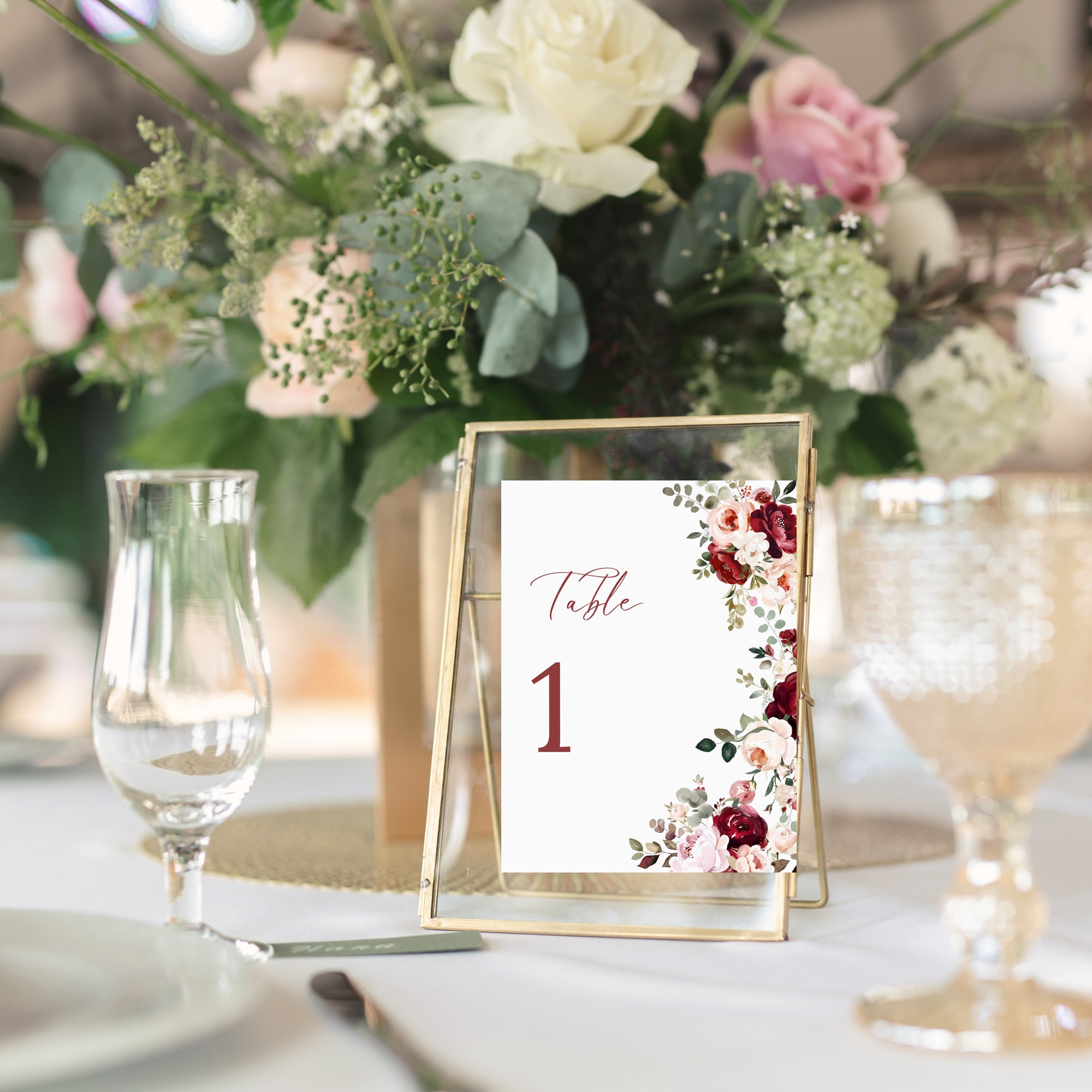 Boho Burgundy Table Number Card Template, Burgundy Rose Wedding Table ...