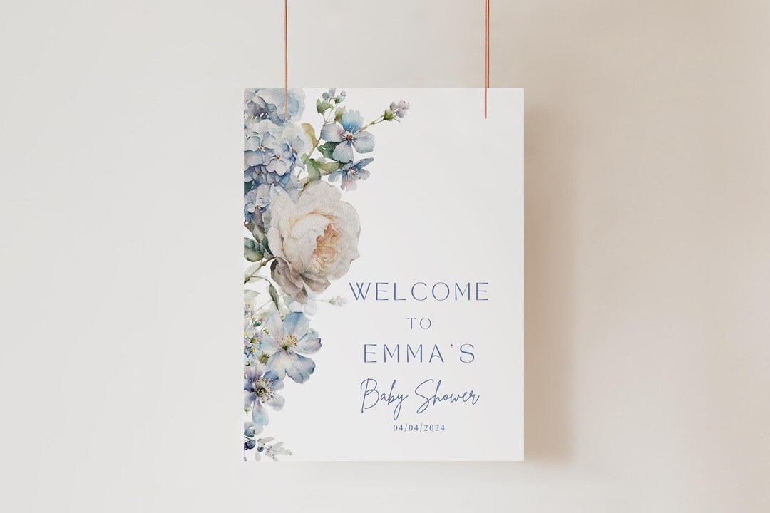 Blue Baby in Bloom Welcome Sign, Boy Floral Shower Welcome Sign, Dusty ...
