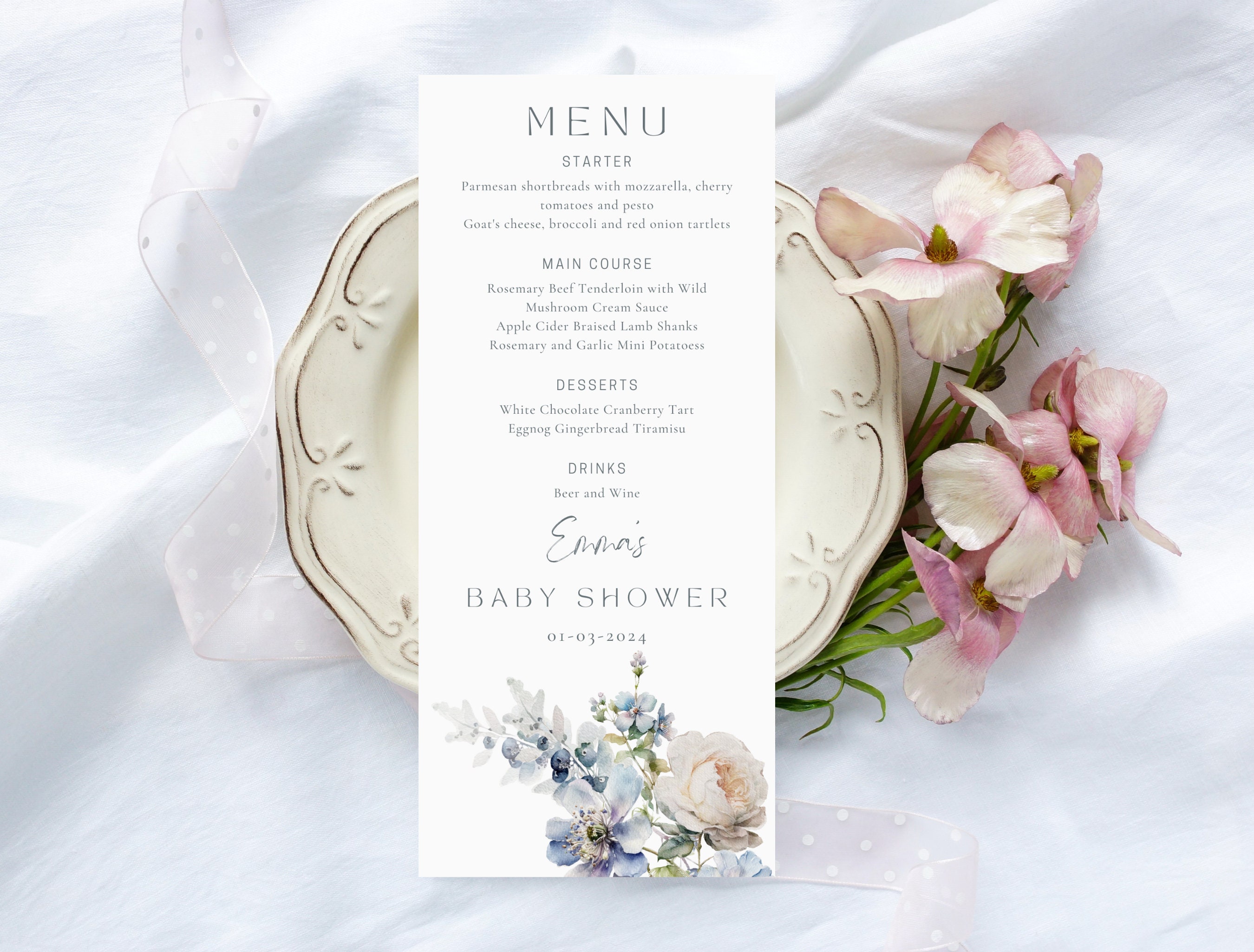 Editable Menu Template, Dusty Blue Shower Menu, Blue Floral Baby Shower ...