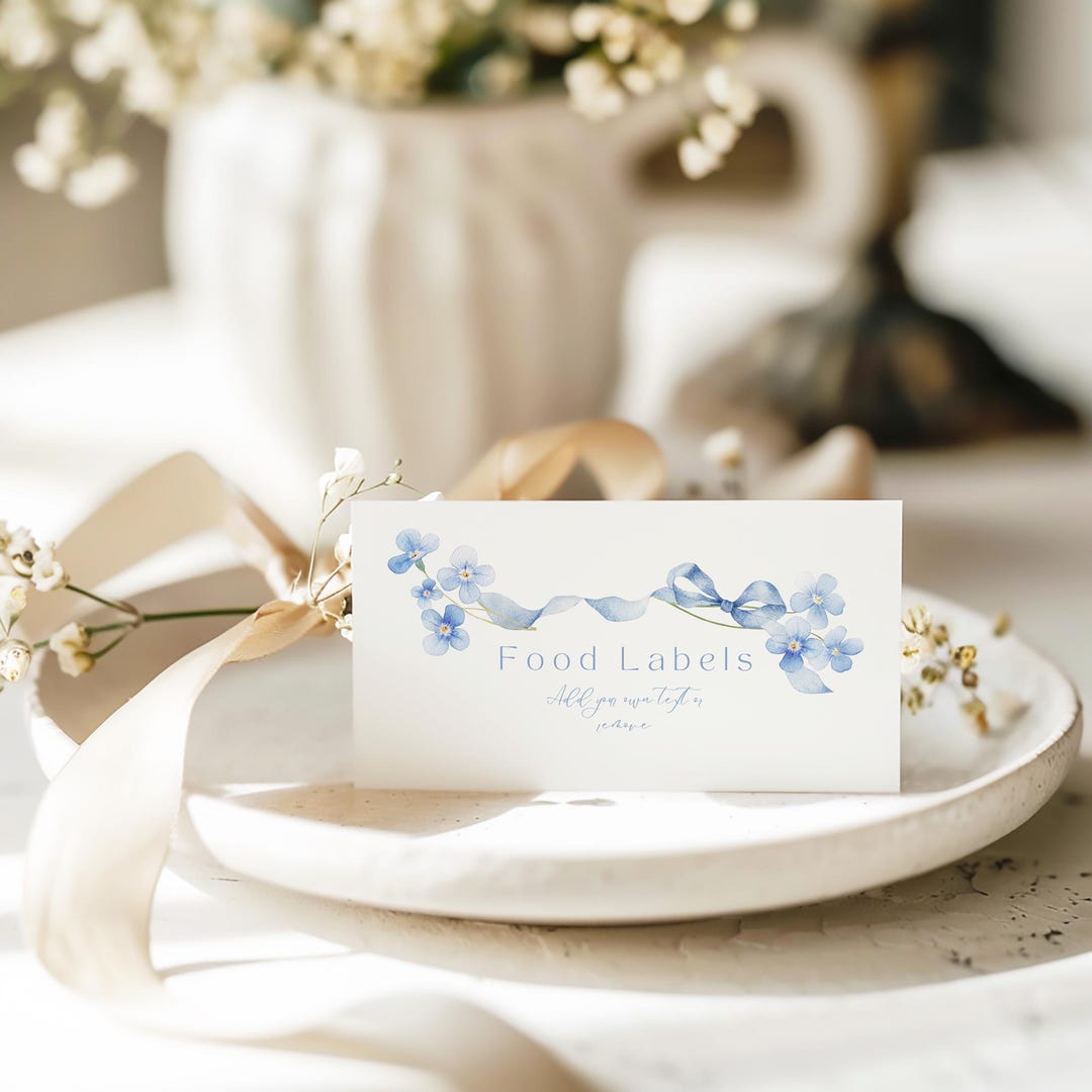 Dusty Blue Floral Bow Food Label Template, blue Bow Spring Food Labels ...