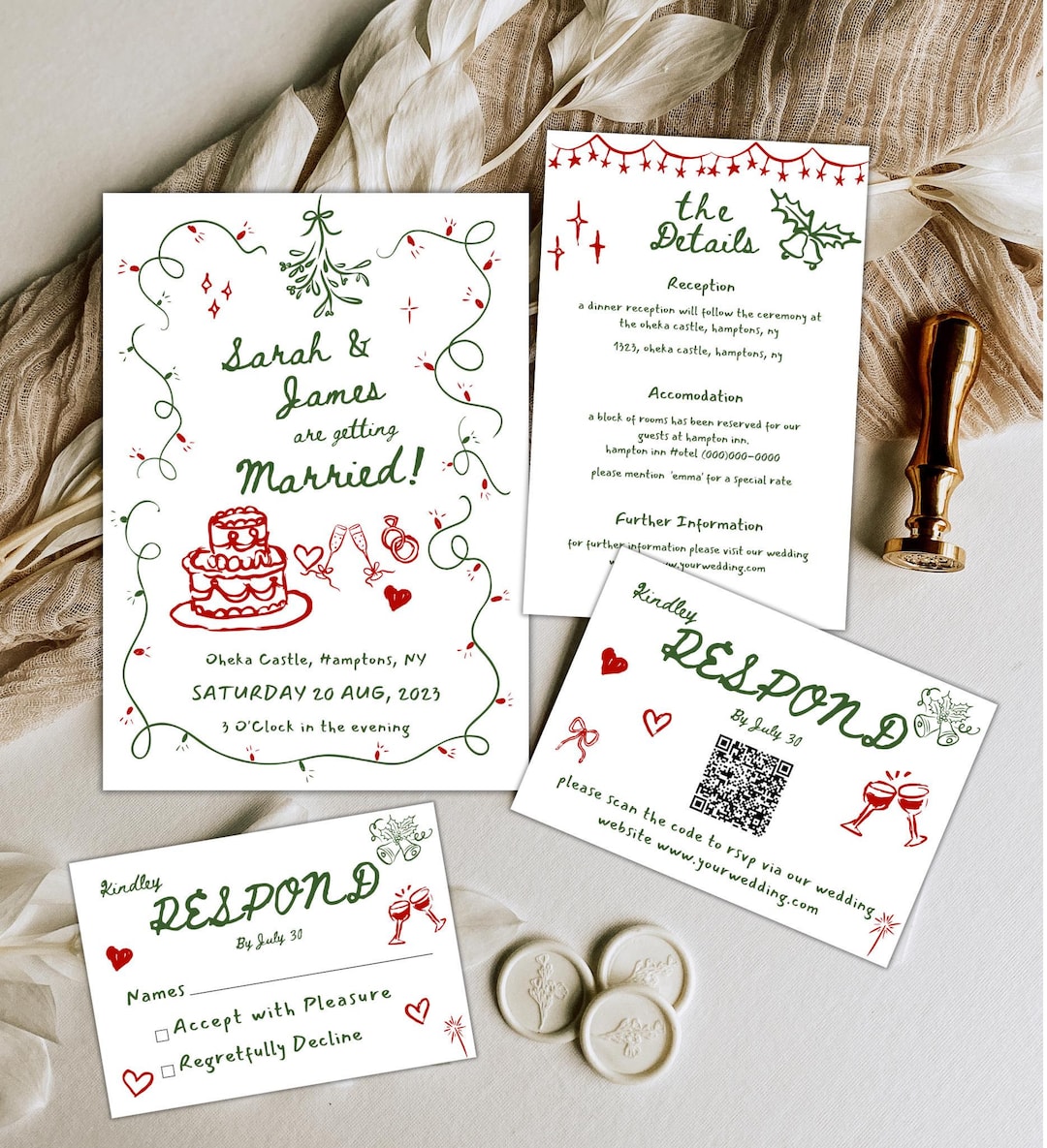 Handwritten Christmas Wedding Invitation Suite, Whimsical Fun Invite ...