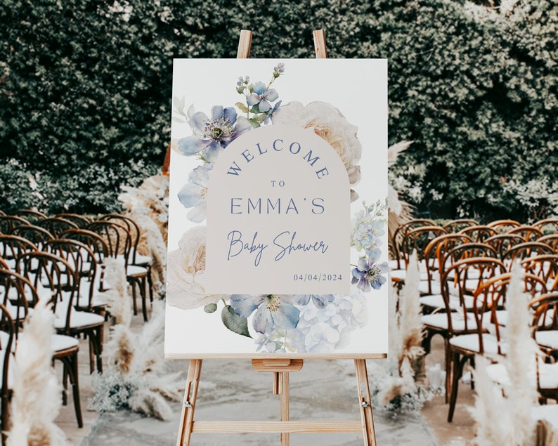 Blue Baby in Bloom Welcome Sign, Boy Floral Shower Welcome Sign, Dusty ...