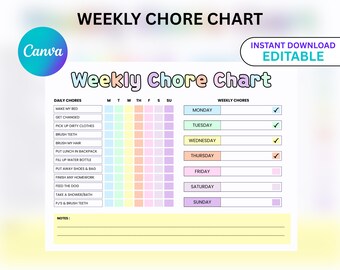 Editable Weekly Chore Chart for Kids| Kids Weekly Responsibility Chart ...