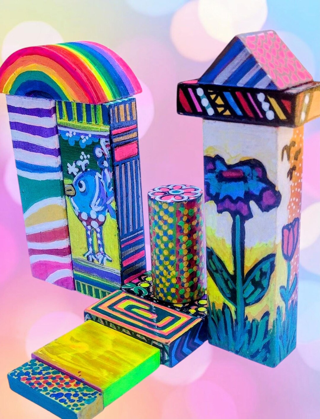 Cheerful Hand Painted Wood Blocks: Blue Bird & Rainbows *doodle Blox ...