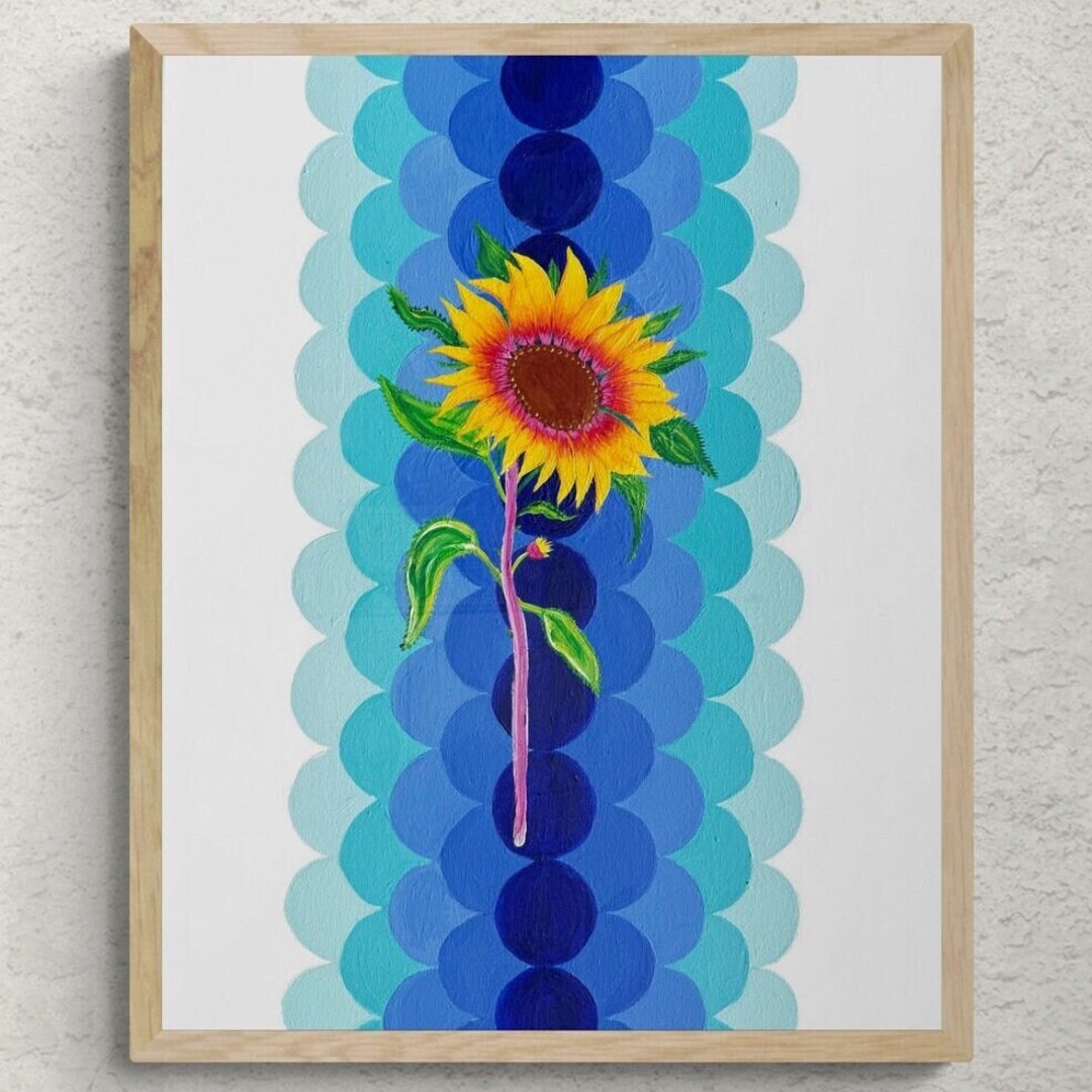 70s Groovy Retro Sunflower Flower Blue Art Print Wall Art - Etsy