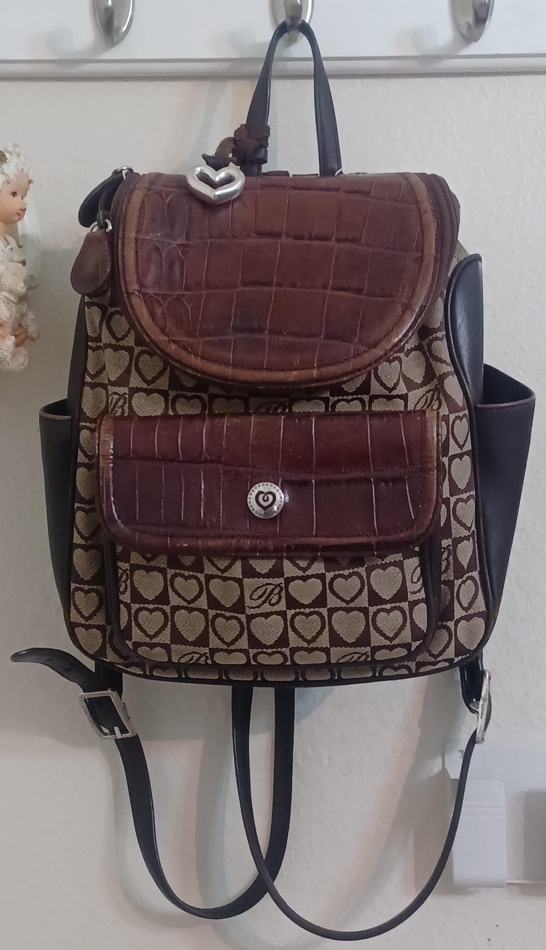VTG Brighton Julia Brown Signature Heart Canvas Croc Leather Backpack ...