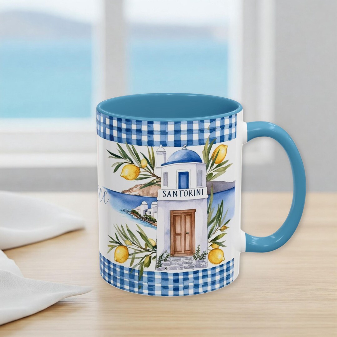 Santorini Greece Mug: Lemons & Blue Gingham Ceramic Coffee Cup - Etsy