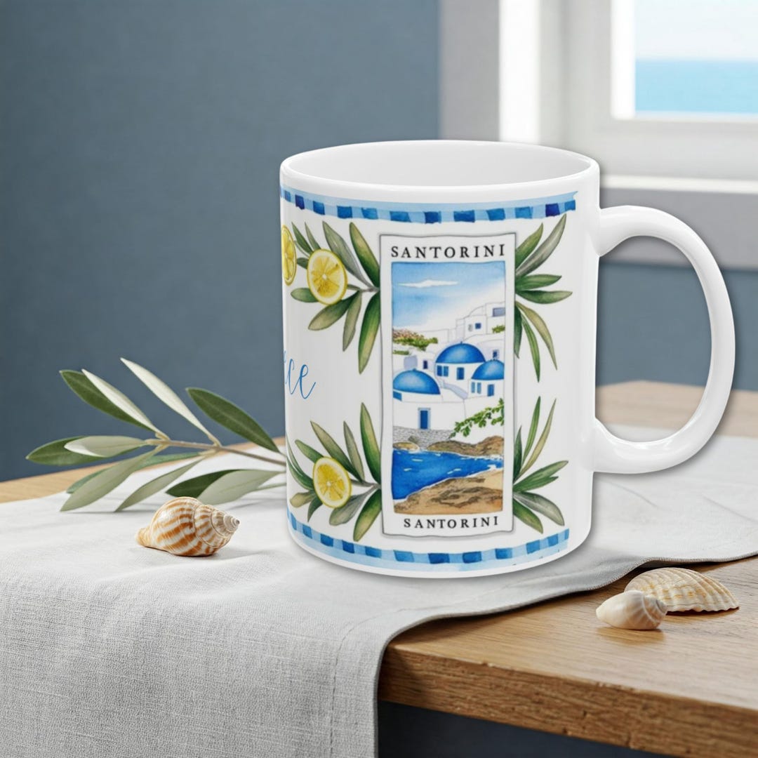 Greece Mug With Blue Gingham Pattern, Greek Island Coffee Cup ...