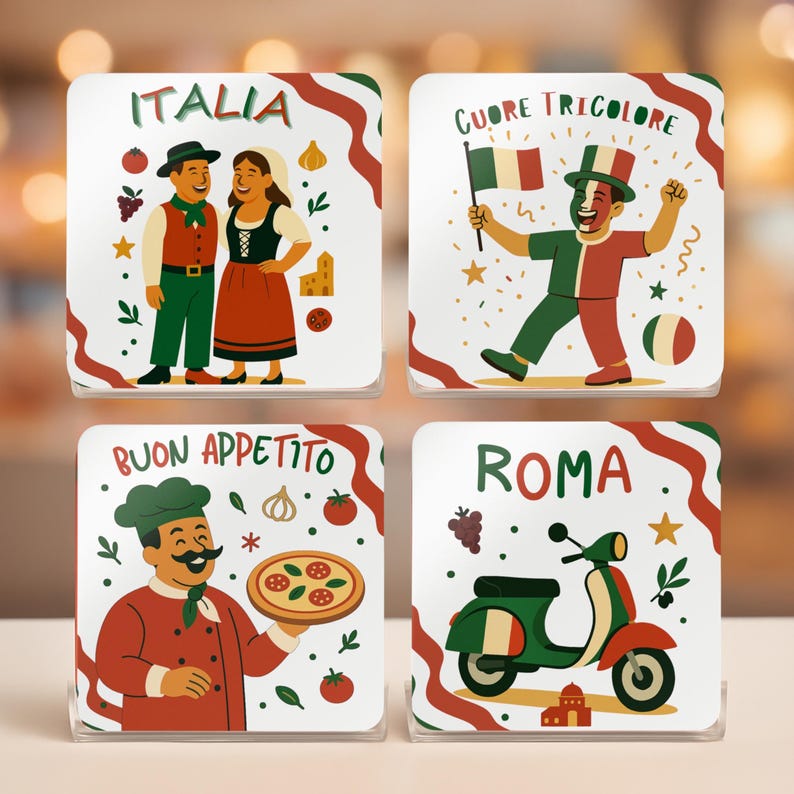 Italian Coaster Set of 4, Matching Cork Coasters, Italian Folk Art ...