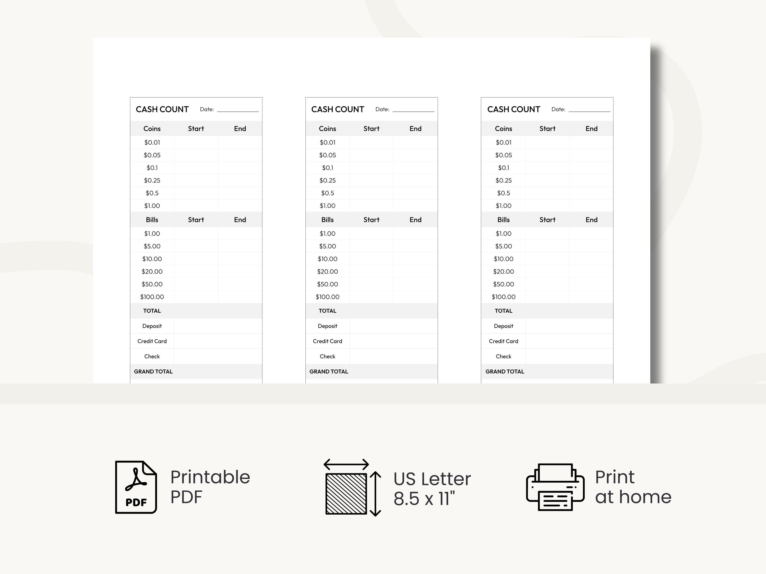 Cash Drawer Count Log Printable, Simple Daily Cash Count Sheet With ...