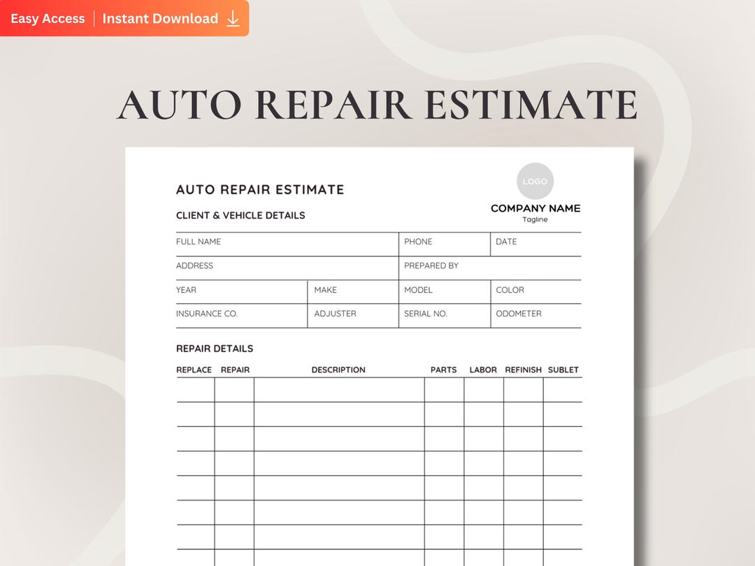 Custom Auto Repair Estimate, Estimate Form for Auto Body Repair Shops, Muffler Shop Repair ...
