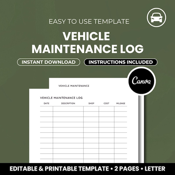 Car Maintenance Log Template - Etsy