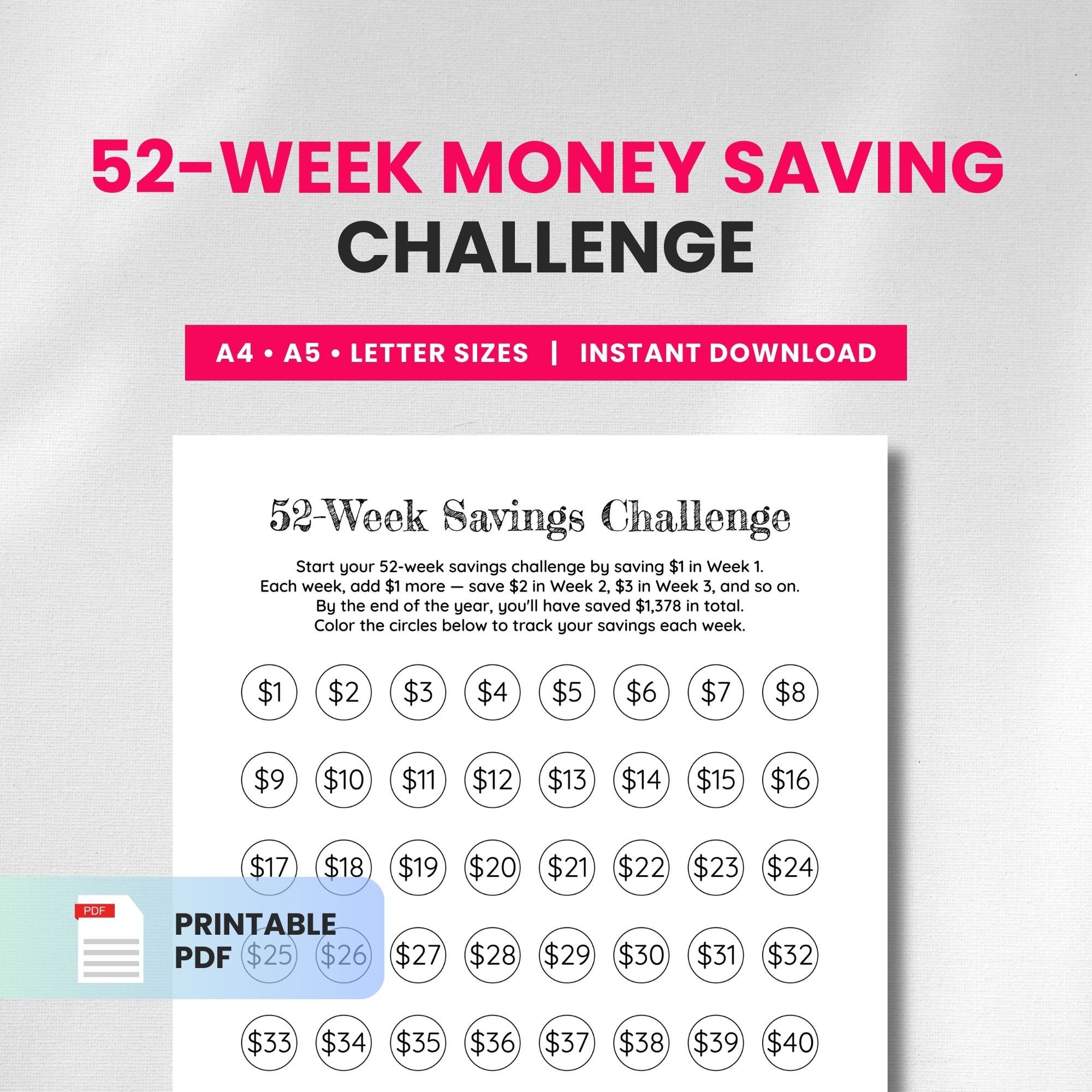52 Week Money Saving Challenge Template 1 Dollar Weekly Increment ...