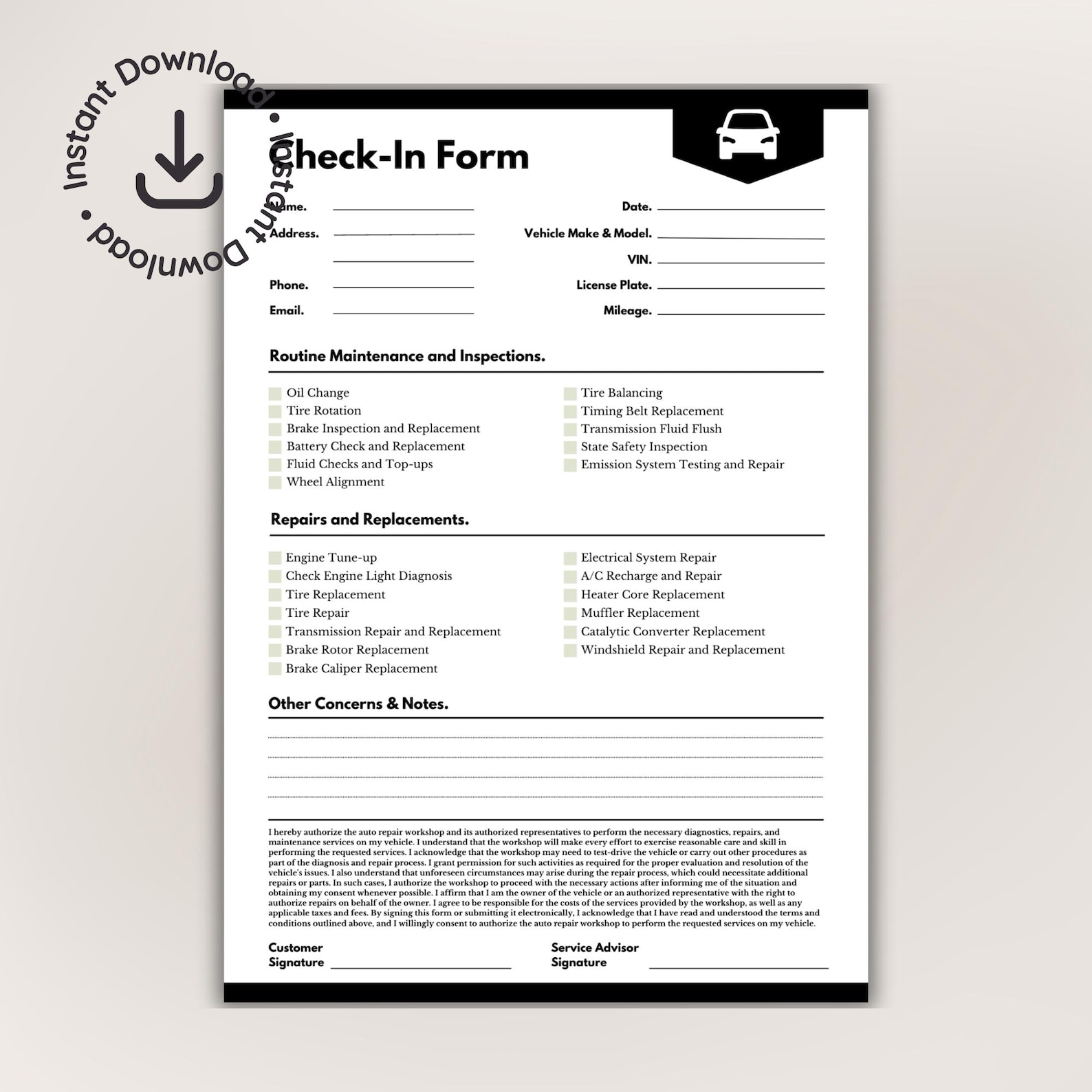 Vehicle Check in Sheet, Auto Repair Intake Form, Customer Check in ...
