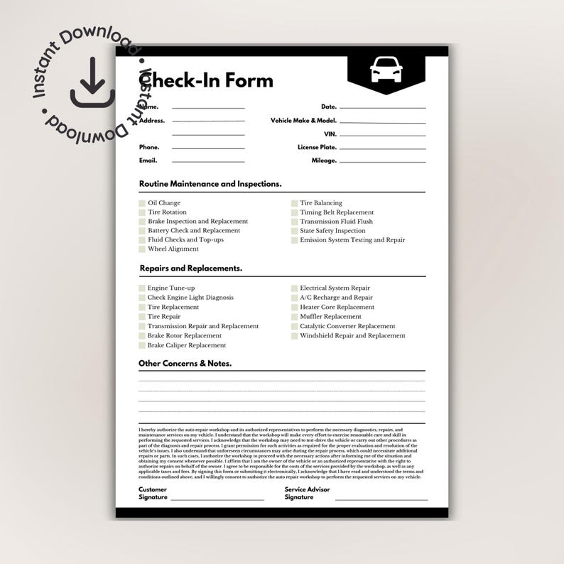 Vehicle Check in Sheet, Auto Repair Intake Form, Customer Check in ...