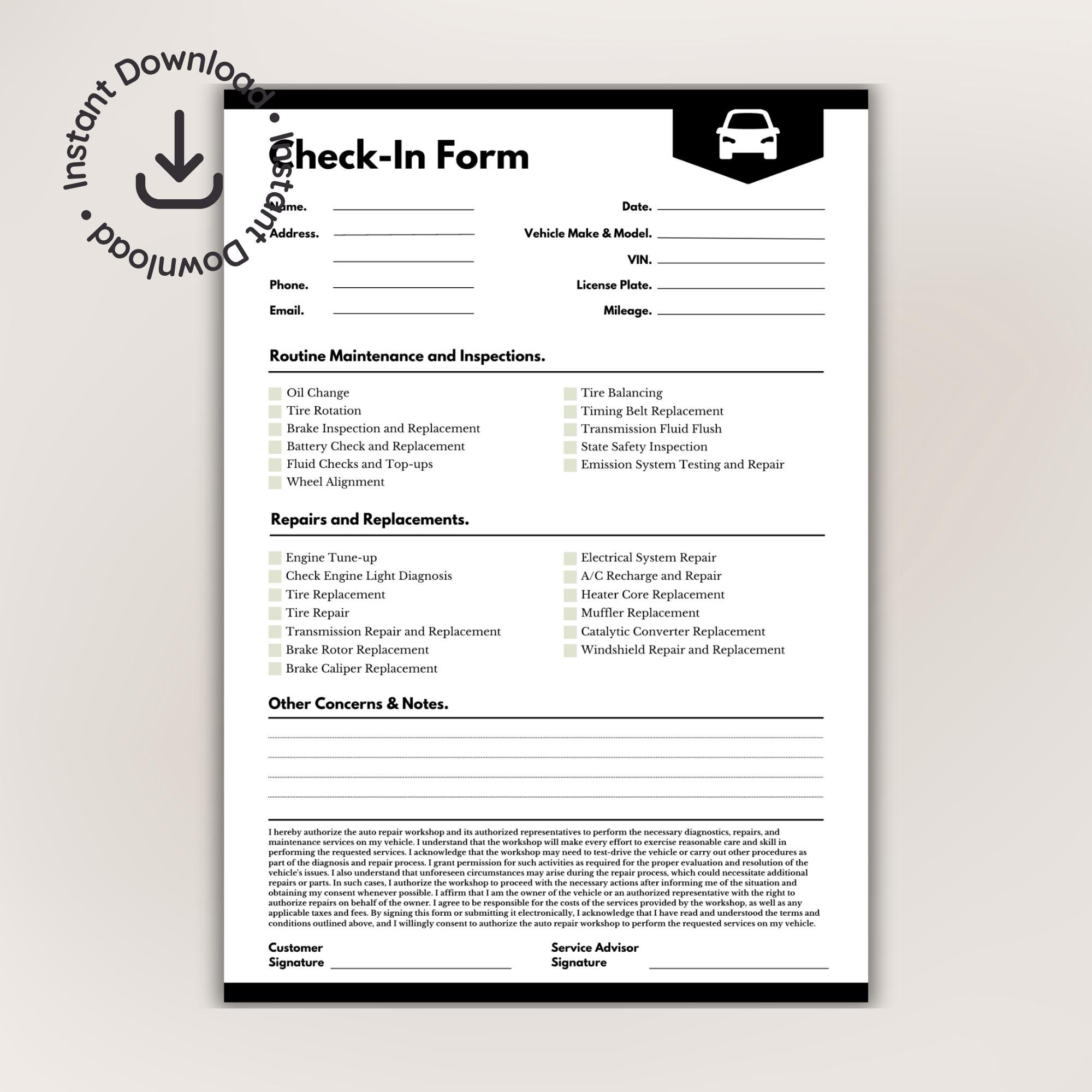 Vehicle Check in Sheet, Auto Repair Intake Form, Customer Check in ...