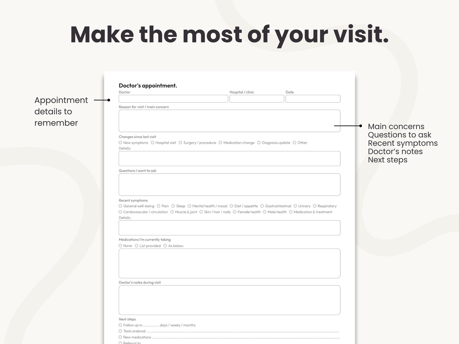 Printable Doctor Visit Preparation Form, Fillable Doctor's Appointment ...