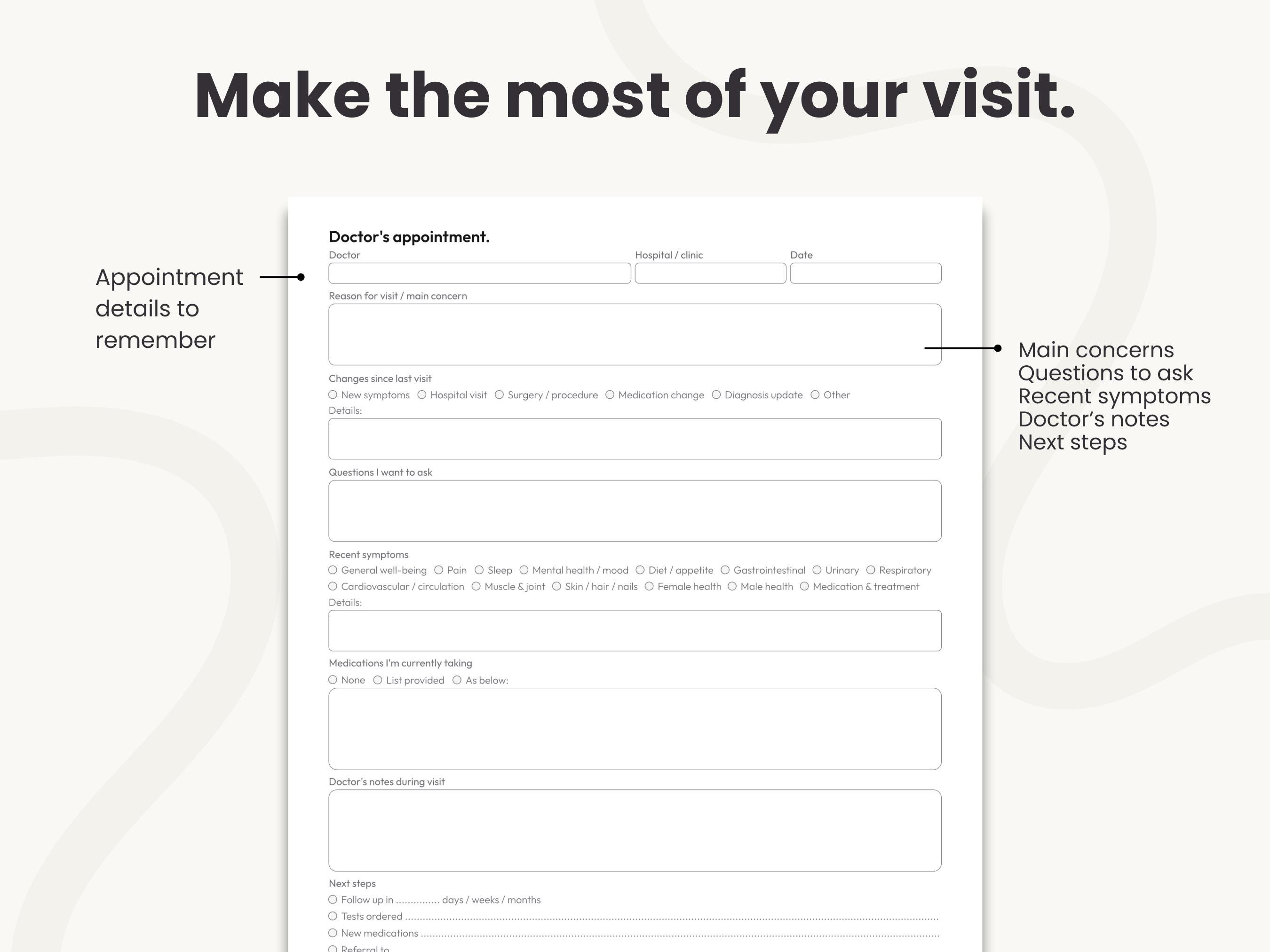 Printable Doctor Visit Preparation Form, Fillable Doctor's Appointment ...
