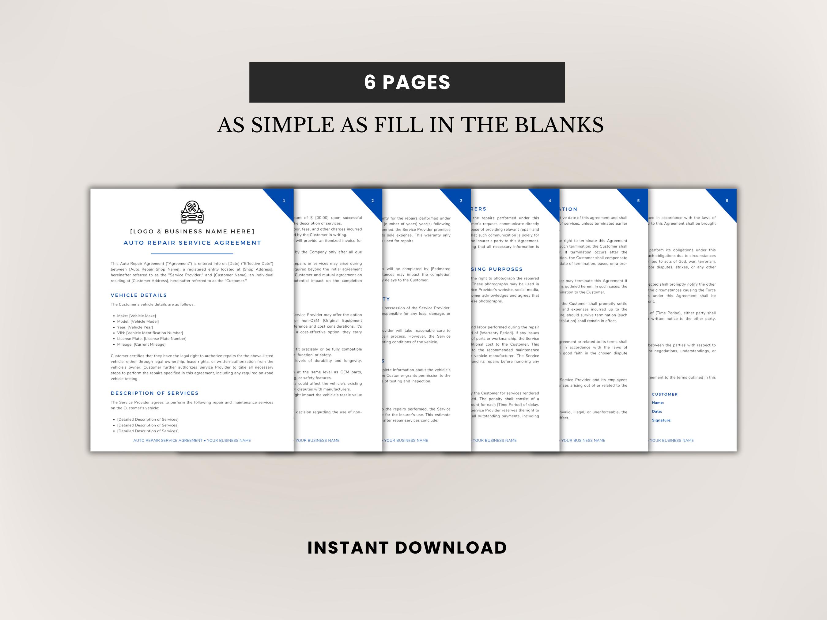 Auto Repair Service Agreement Template • Vehicle Maintenance Contract ...