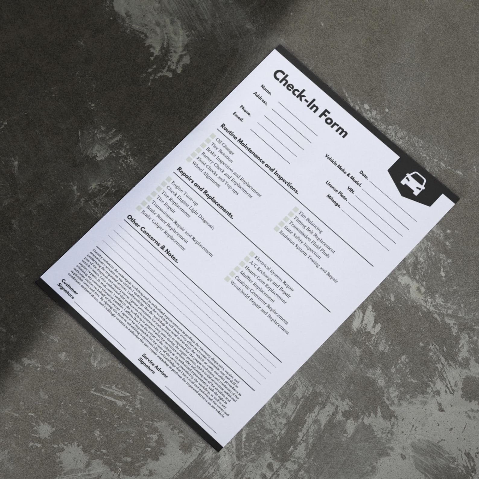 Vehicle Check in Sheet, Auto Repair Intake Form, Customer Check in ...