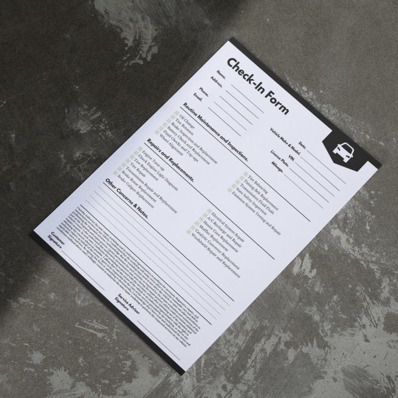 Vehicle Check in Sheet, Auto Repair Intake Form, Customer Check in ...