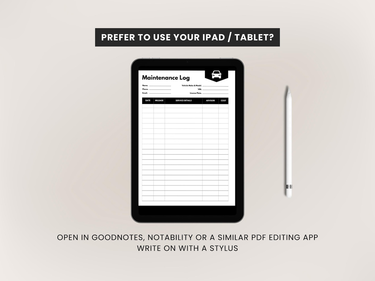 Auto Repair Maintenance Log Template • Vehicle Service Record • Car ...