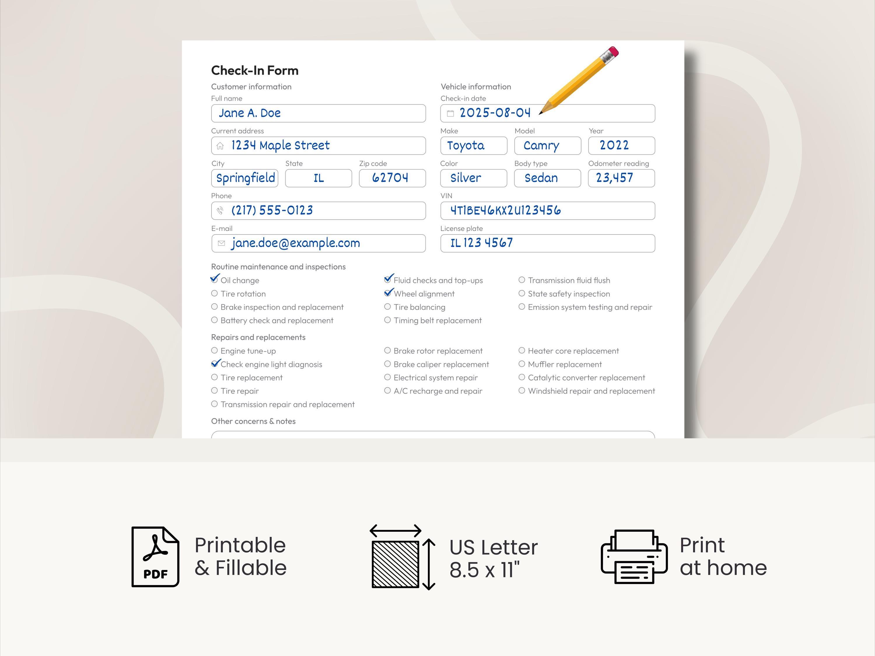 Vehicle Check-in Sheet Mechanic Intake Form, Auto Repair Intake ...