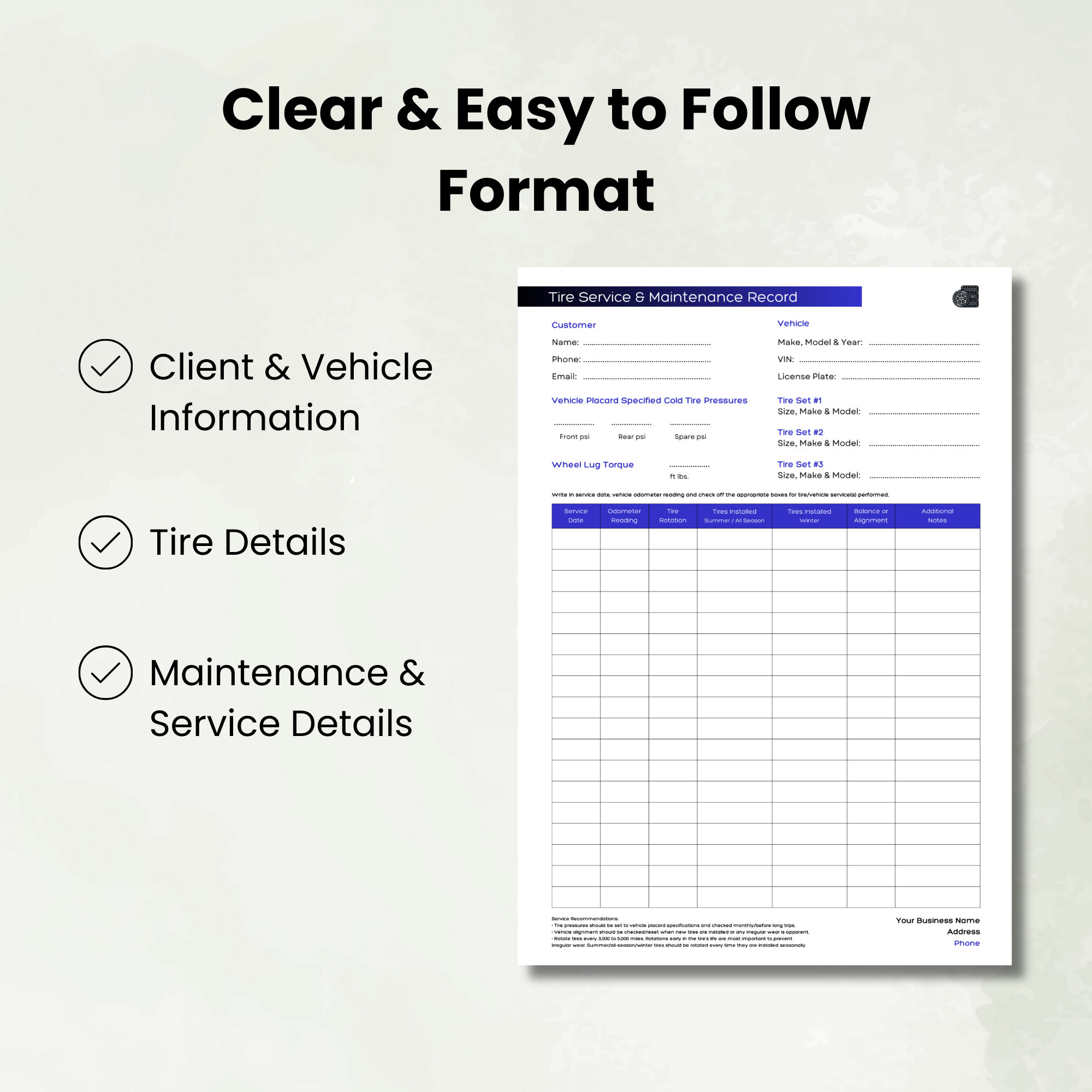 Tire Service and Maintenance Record Template • Tire Care Log • Wheel ...