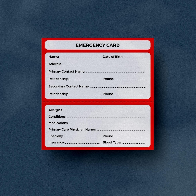 Printable Emergency Card Template Emergency Card for Wallet Emergency Contact Card Business Card ...