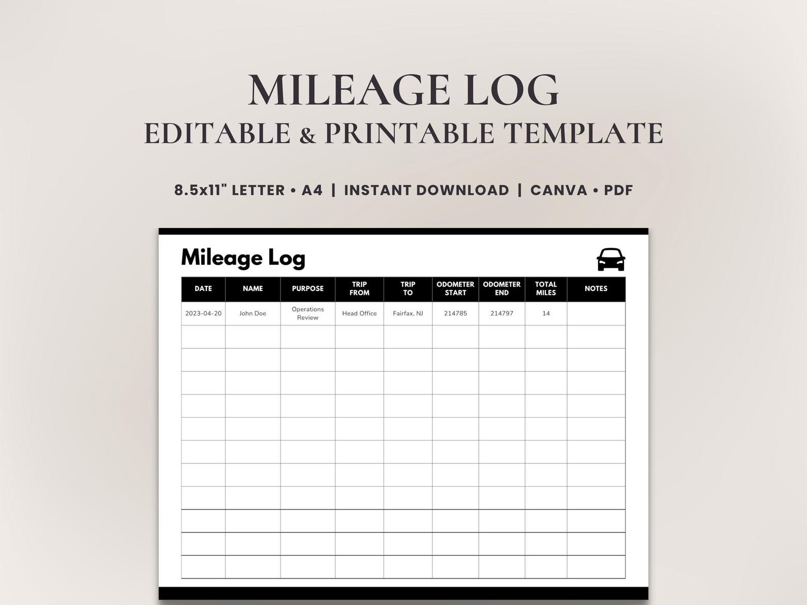 Auto Mileage Log Template • Car Mileage Record • Vehicle Distance ...