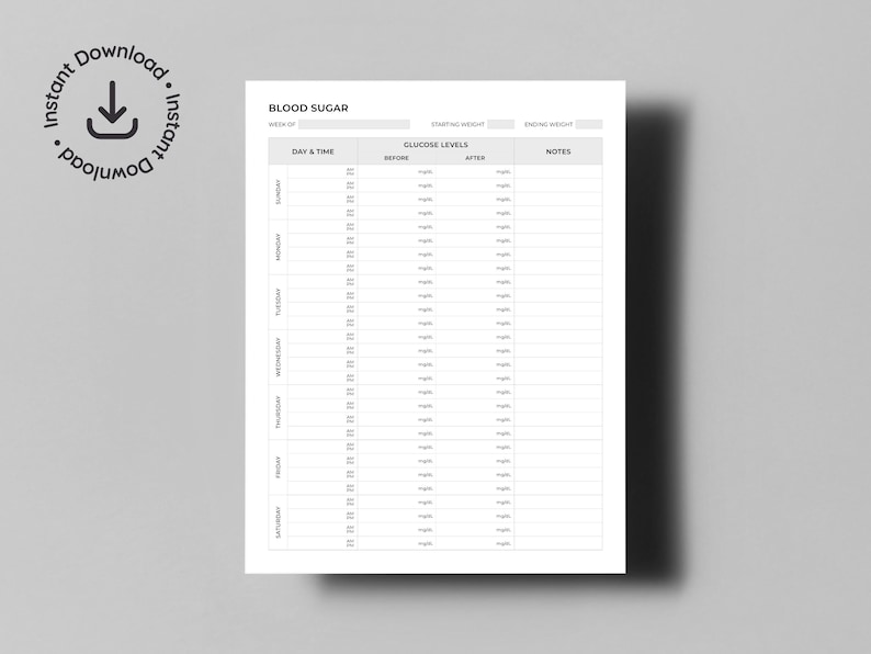 Blood Sugar Log Printable • Weekly Glucose Tracker PDF • Blood Glucose ...