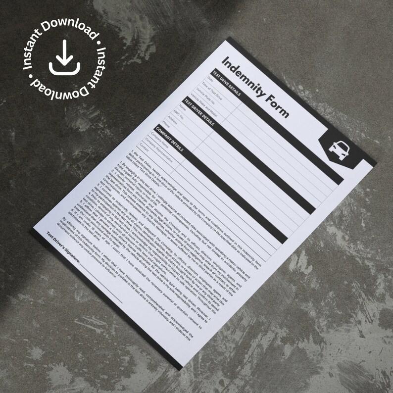 Test Drive Indemnity Form Template Test Drive Liability - Etsy