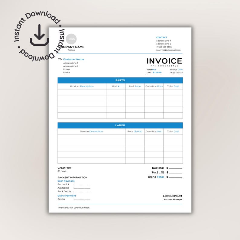 Auto Repair Invoice Template Canva, Mechanic Parts Labor Receipt ...