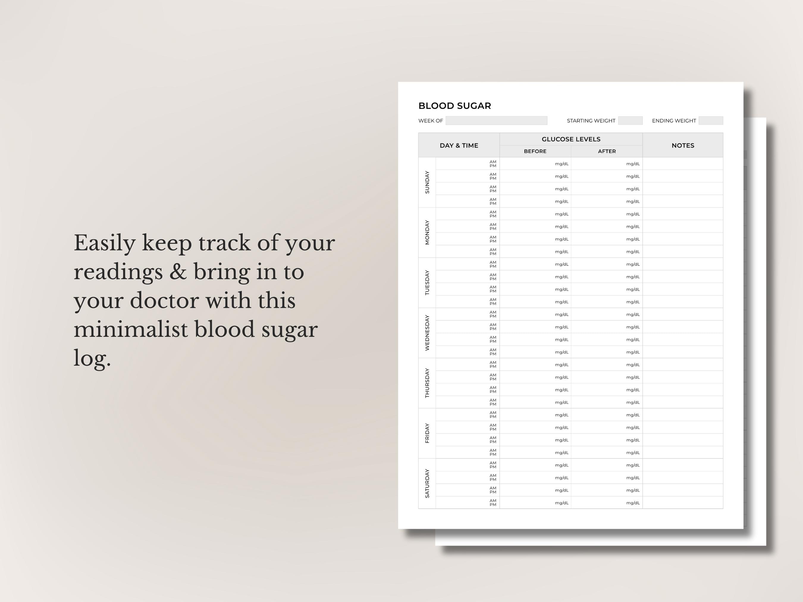 Blood Sugar Log Printable • Weekly Glucose Tracker PDF • Blood Glucose ...