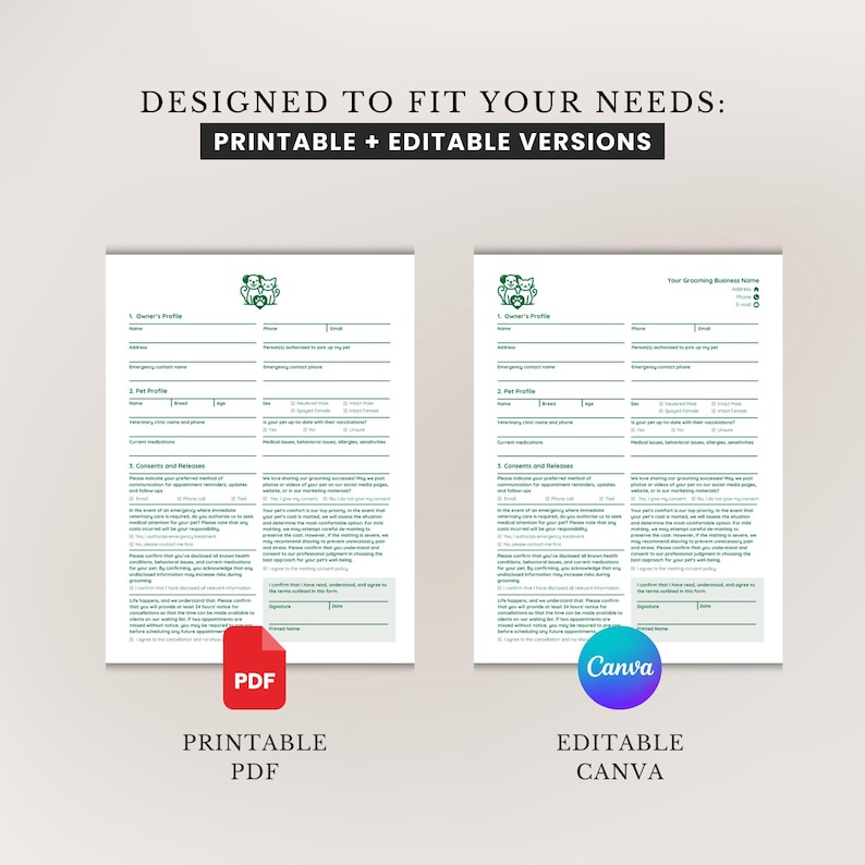 Pet Grooming Consent and Release Form • Editable Client and Pet Intake ...