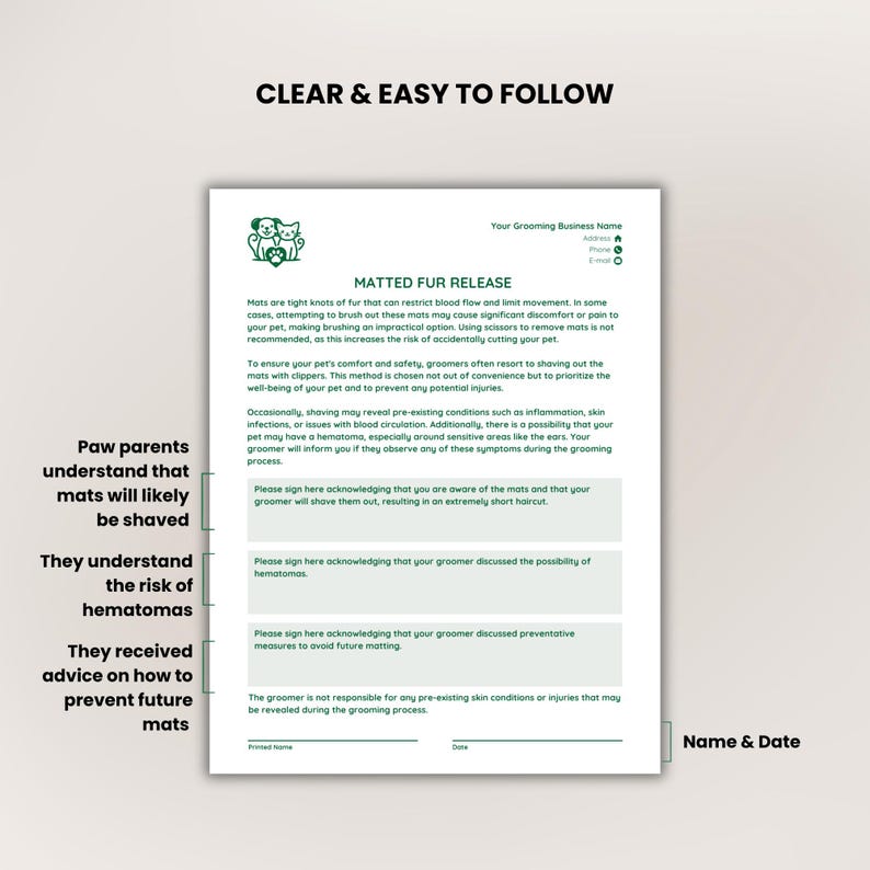 Matted Fur Release Forms for Pet Grooming Salons • Grooming Consent ...